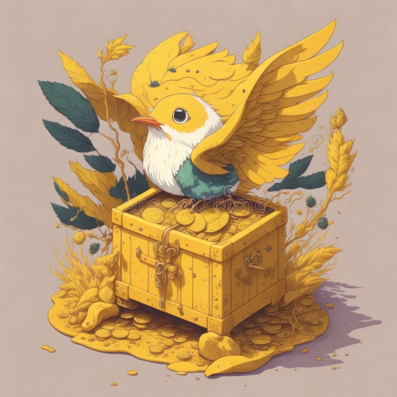 A Yellow Winged Imaginary Bird with a Treasure Box.generative AI Stock ...