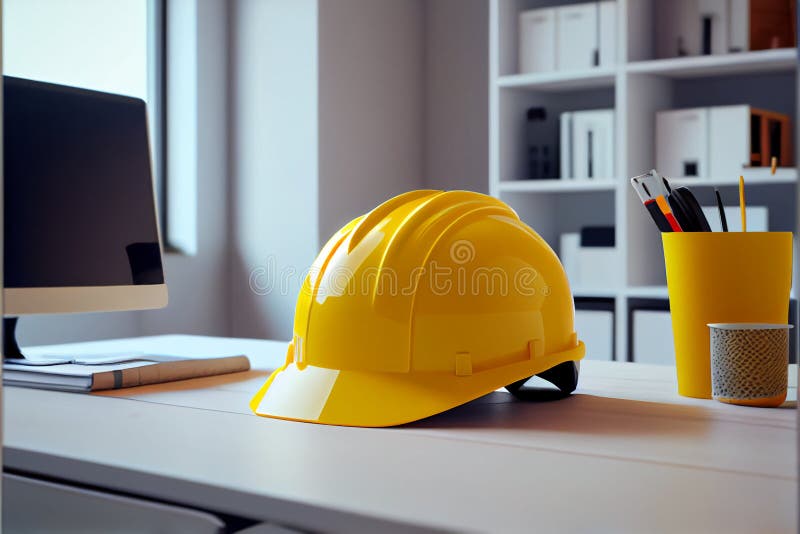 Yellow Work Helmet on Table. Protective Accessories for Construction ...