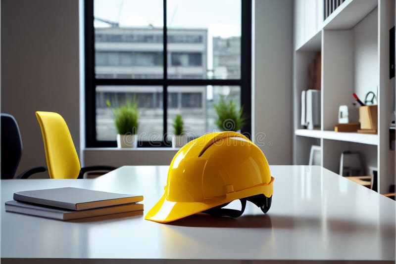 Yellow Work Helmet on Table. Protective Accessories for Construction ...