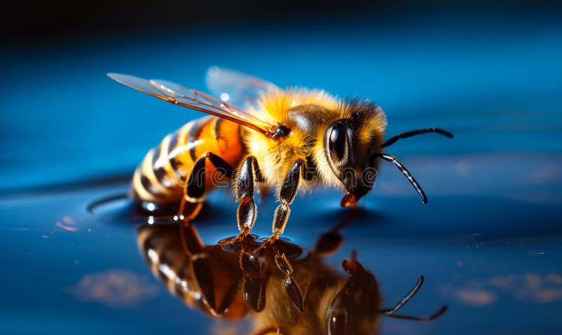 Yellow Worker Bee Sitting on Water Surface. Honey Insect and Its Reflection in Water. Close Up ...
