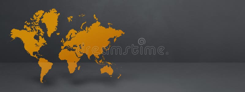 Yellow World Map on Black Concrete Wall Background. 3D Illustration ...