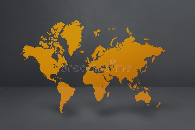 Yellow World Map on Black Concrete Wall Background. 3D Illustration ...