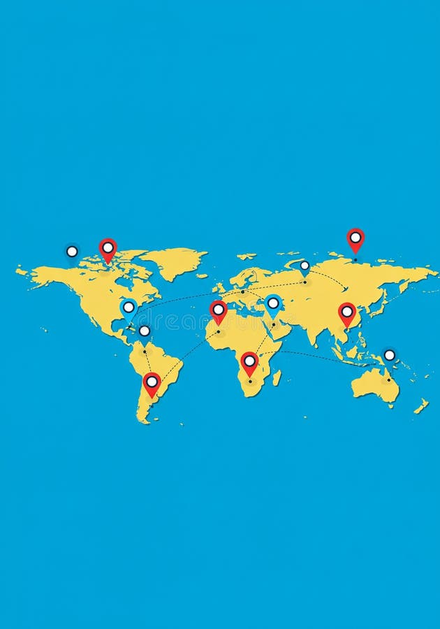 Yellow World Map on a Blue Background with Multiple Red and Blue ...