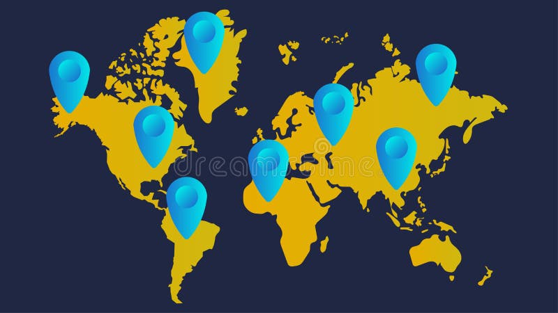 Yellow World Map and Blue Pin on Dark Blue Background. Vector Stock ...
