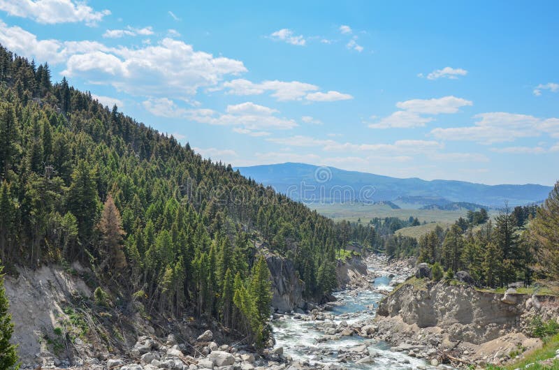 Yellowstone National Park Background with River and Blue Sky Stock ...