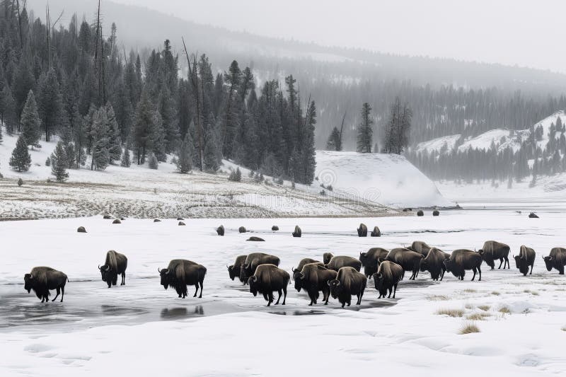 Yellowstone National Park. Herd of Bison in the Snow Stock Illustration ...