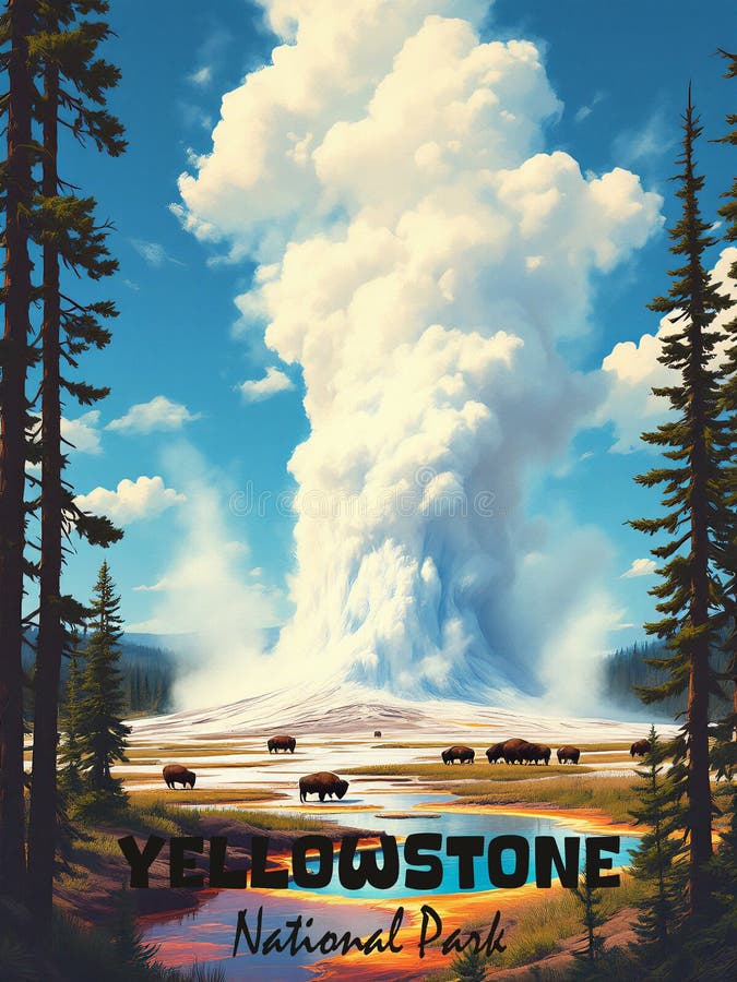 Yellowstone National Park Vintage Art Stock Illustration - Illustration ...