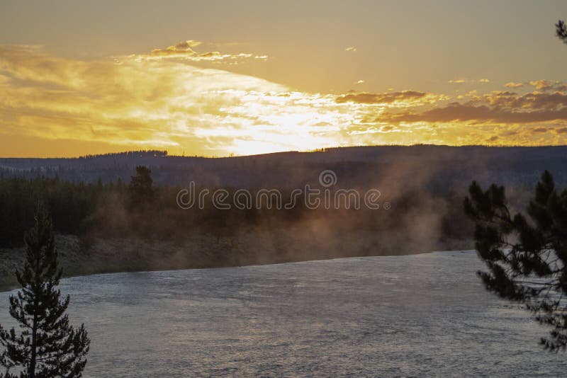 Yellowstone Sunrise Over a River Stock Photo - Image of green, trees ...