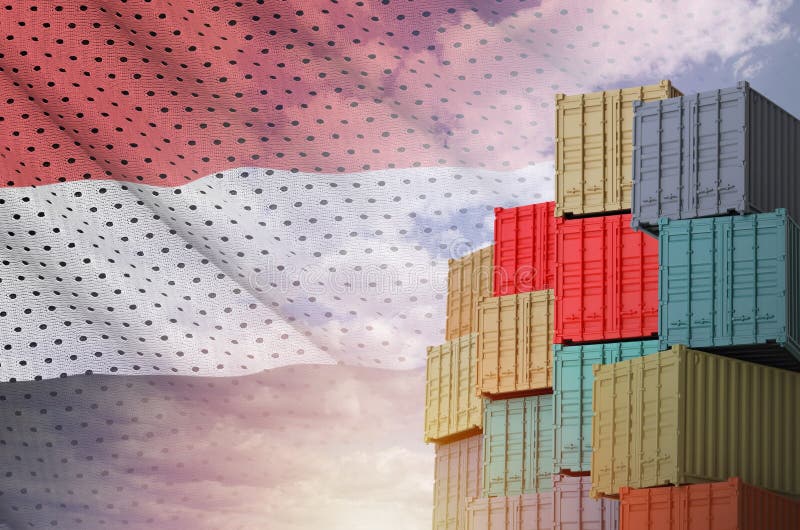 Yemen Flag and Big Stack of Shipping Cargo Containers in Docks with Sky ...