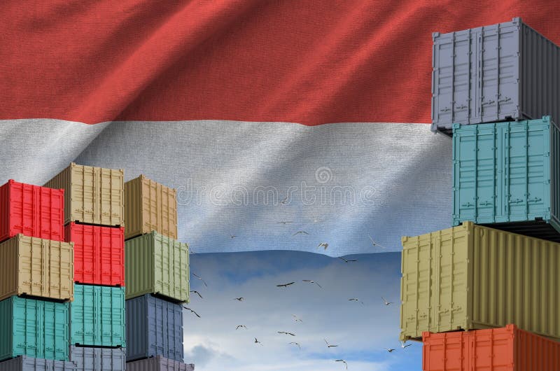 Yemen Flag and Big Stack of Shipping Cargo Containers in Docks with Sky ...
