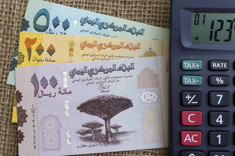 Yemen 100, 200 and 500 Rial Banknotes with Calculator Stock Image ...