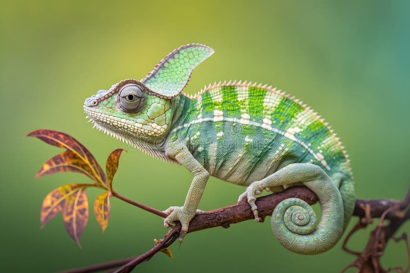 Yemeni Chameleon, or Veiled Chameleon, on a Plant Against a Green ...