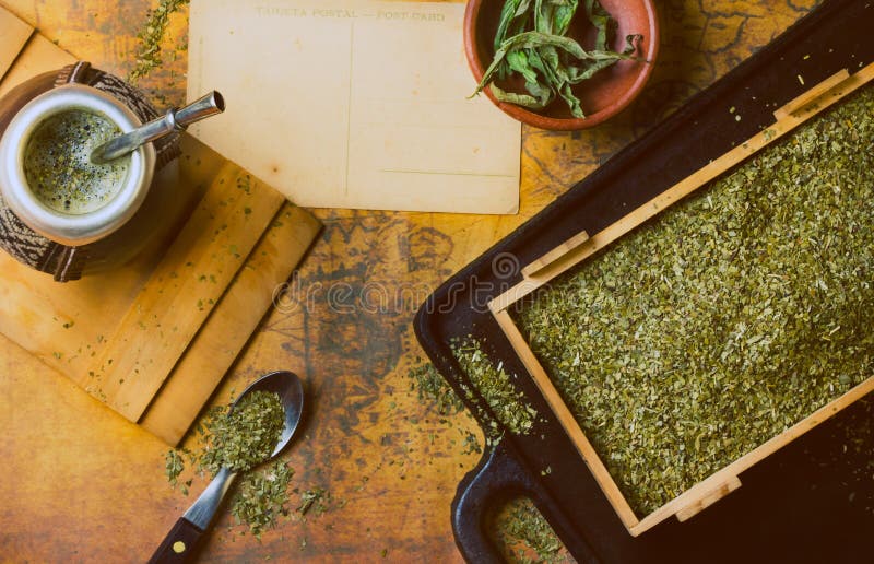 Yerba Mate Antique Map Dry Herb Top View Vintage Background Stock ...