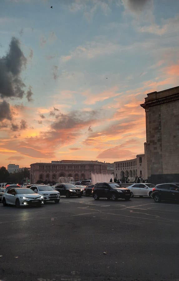 Yerevan Sunset. Republic Square Stock Photo - Image of skyline, traffic ...
