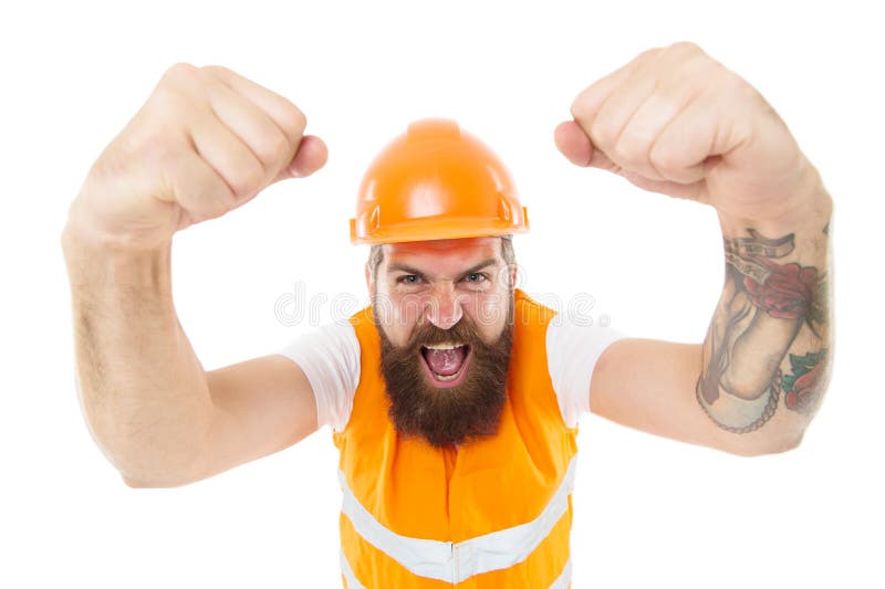 Yes we Can. Man Engineer Protective Uniform White Background ...