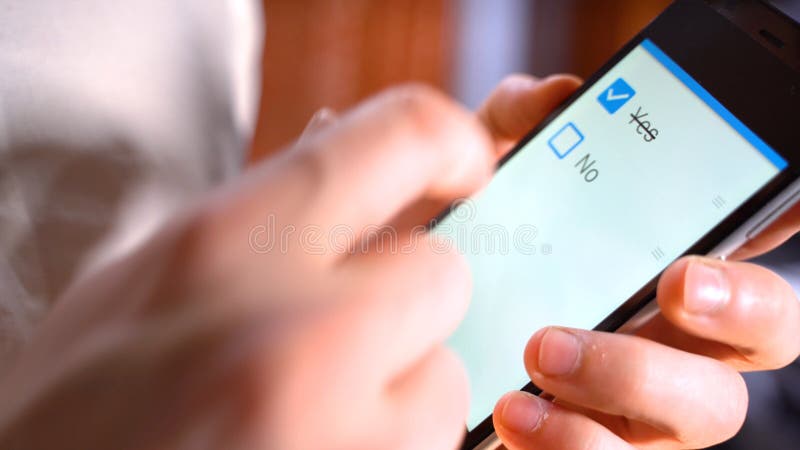 Yes Checkbox Vote Button on the Screen Mobile Phone. Hand Push Checkbox ...
