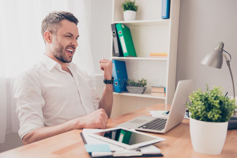 Yes! Happy Businessman Successfuly Completed His Task Stock Photo ...