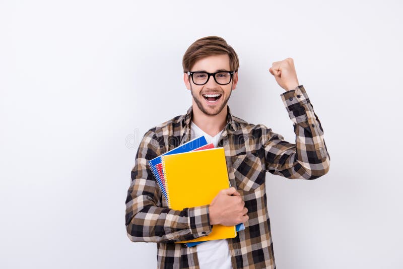 Yes! Happy Handsome Student in Spectacles Having an Exelent Mark for ...