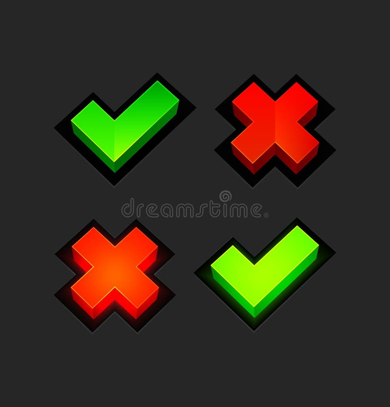 Pixel Check Mark and Cross. Yes and No Buttons. 8-bit Video Game Style ...