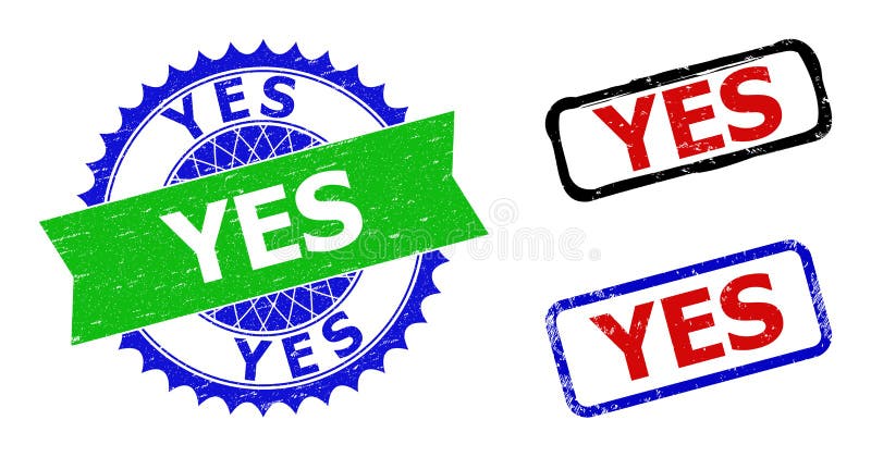 YES Rosette and Rectangle Bicolor Badges with Grunge Textures Stock ...