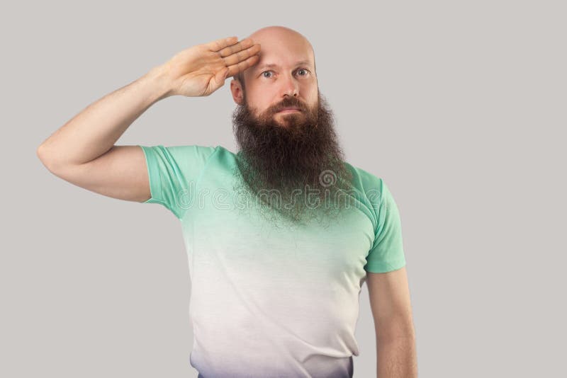 Yes Sir Portrait Of Serious Middle Aged Bald Man With Long Beard In