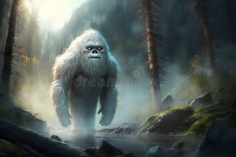 Yeti Or Abominable Snowman Walks Through Winter Forest Area Neural Network Generated Art Stock