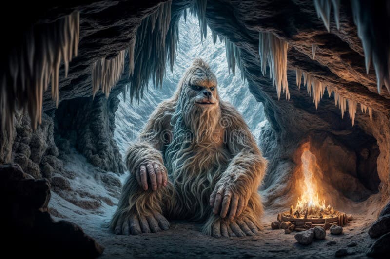 Yeti Sitting in an Icy Cave with a Campfire Stock Illustration ...