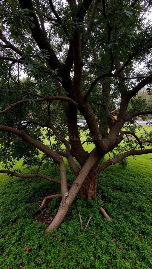 Yew Tree with Twisted Trunk Dark Green Leaves and Red Berries Stock ...