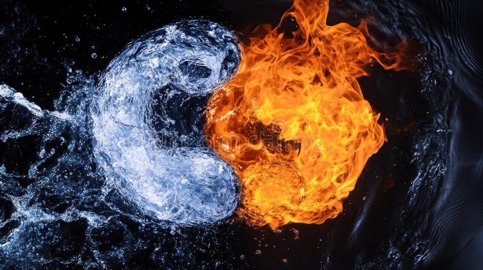 Yin and Yang of Elements Fire and Water Clash Harmoniously on Dark ...