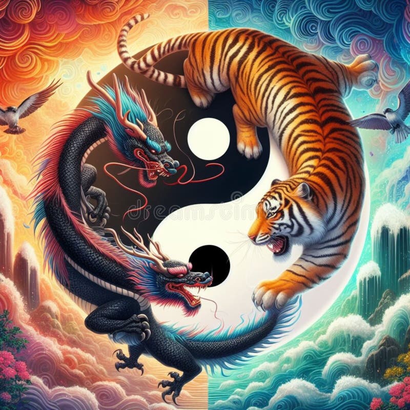 Yin and Yang Composition with Tiger and Dragon. Stock Illustration ...