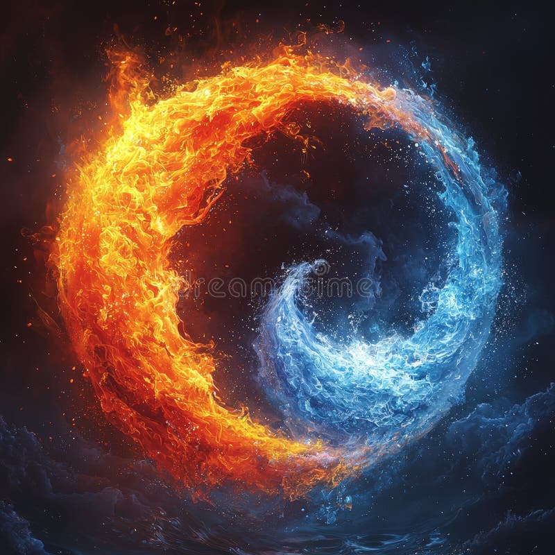 Yin-Yang Fire and Water Elemental Circle in Darkness Stock Photo ...
