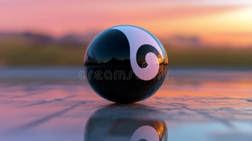 Yin Yang Sphere at Sunset Reflection Stock Illustration - Illustration ...