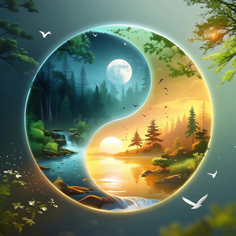 Yin Yang Symbol with Cosmic Nature Elements. Sun and Moon Balance Stock ...