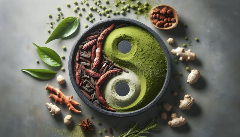 Yin-yang Symbol Formed by Matcha Powder and Ashwagandha Root, Ai ...