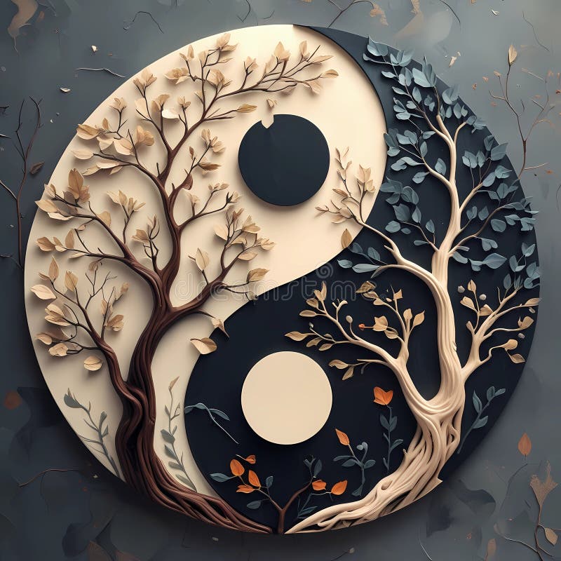 Yin Yang Symbol with Interwoven Tree Branches and Seasonal Foliage ...