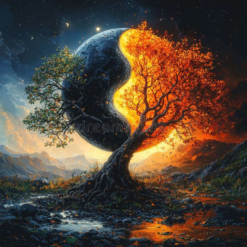 Yin-Yang Tree with Night and Day Elements in Landscape Stock Photo ...