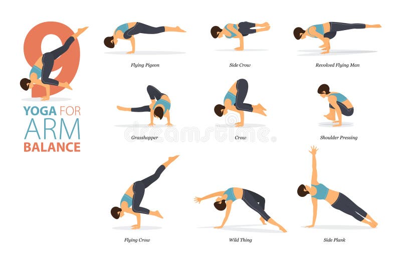 9 Yoga Poses for Workout in Concept of Arm Balance in Flat Design. Yoga ...