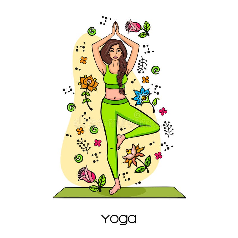 Yoga, Asana Tree Pose, Unity with Nature, Color Illustration Vector ...