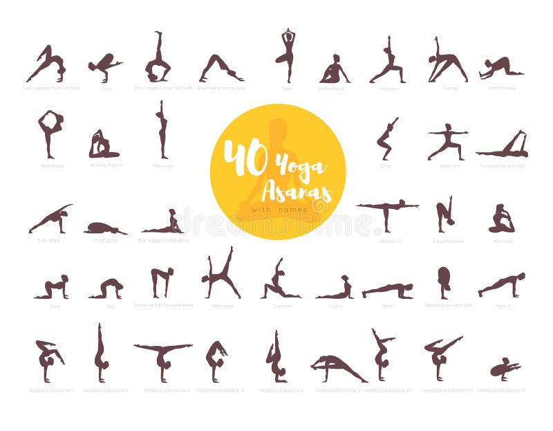 +40 Yoga Asanas with names stock vector. Illustration of people - 130446358