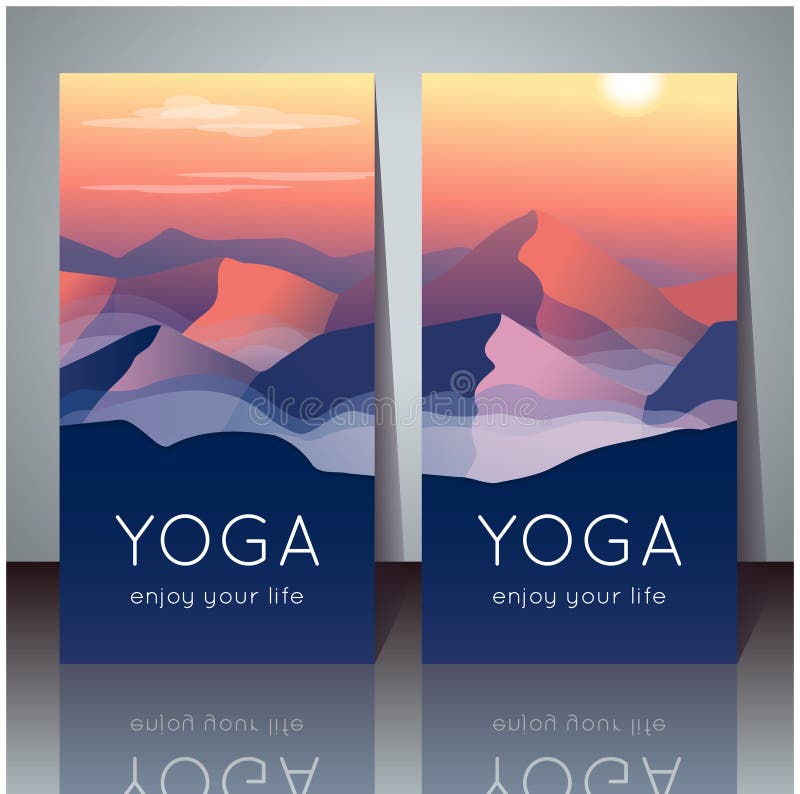 Yoga Cards with Evening Mountain Landscape Stock Vector - Illustration ...