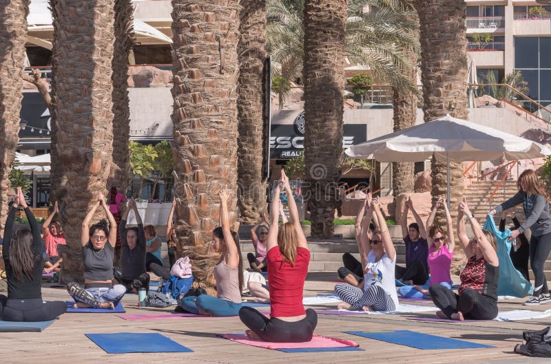 Yoga Class in Group on the Red Sea Beach between Palms Editorial Stock ...