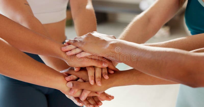 Yoga Class, People and Stack with Hands for Support, Solidarity and ...