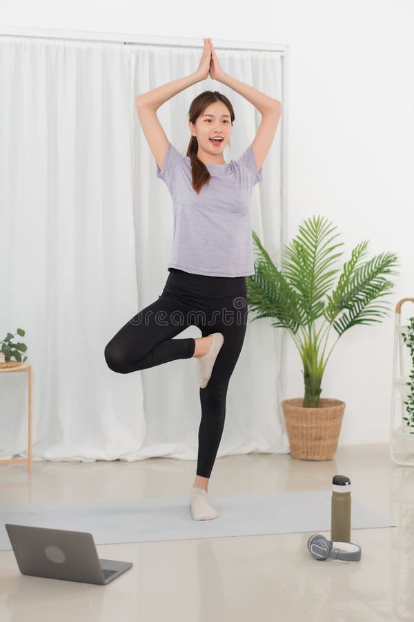 Yoga Exercise Concept, Asian Woman Standing To Doing in Tree Pose and ...