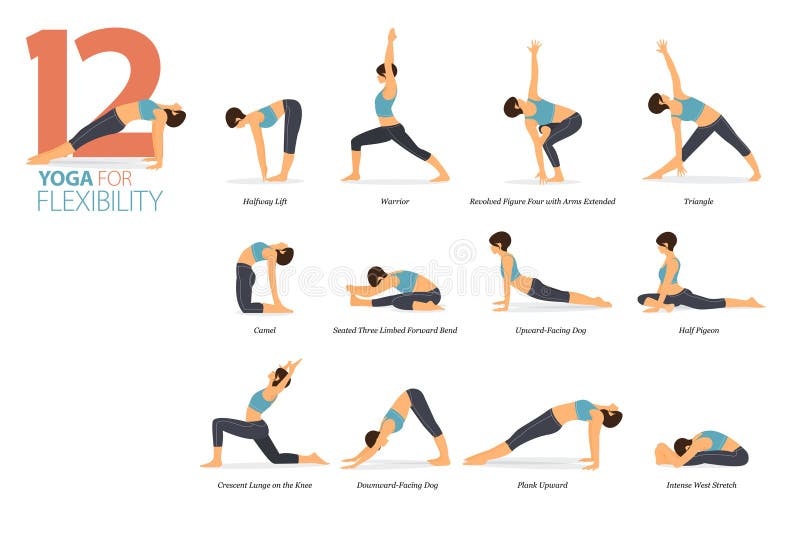 12 Yoga Poses for Workout in Concept of Flexibility in Flat Design ...