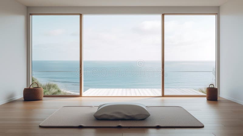A Yoga Mat in Front of a Large Window Overlooking the Ocean. Generative ...