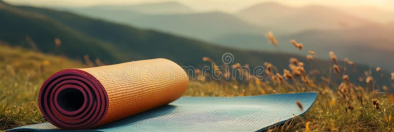 Yoga Mat on Grassy Surface with Mountain Backdrop Stock Illustration ...