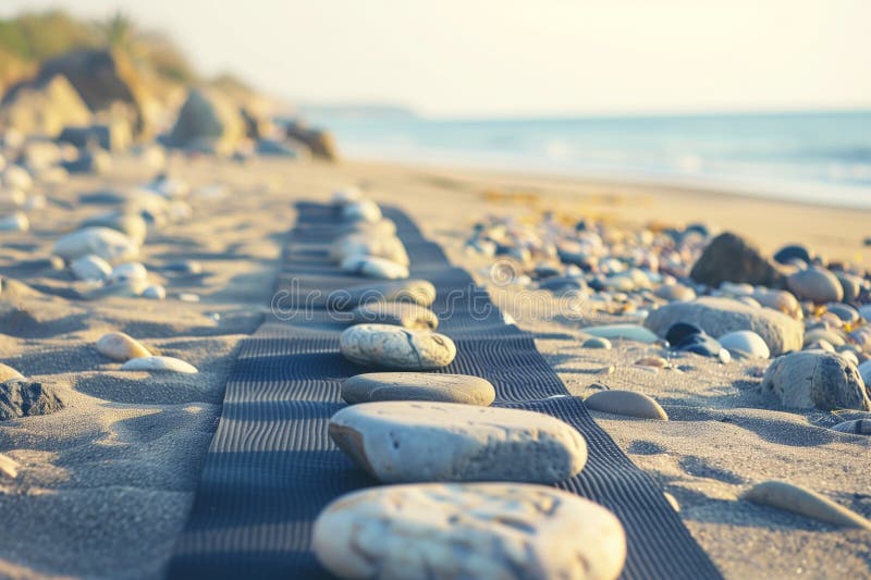Yoga Mat Lined with Rocks Creating a Zen Space on Beach Stock Image ...