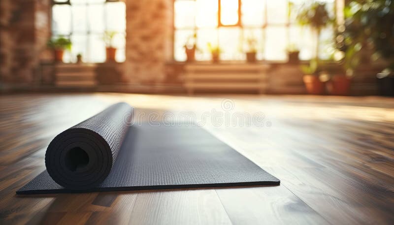 Yoga with Mat Lying on Wood Floor in a Yoga Studio. Stock Illustration ...