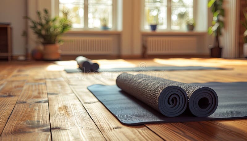 Yoga with Mat Lying on Wood Floor in a Yoga Studio. Stock Illustration ...