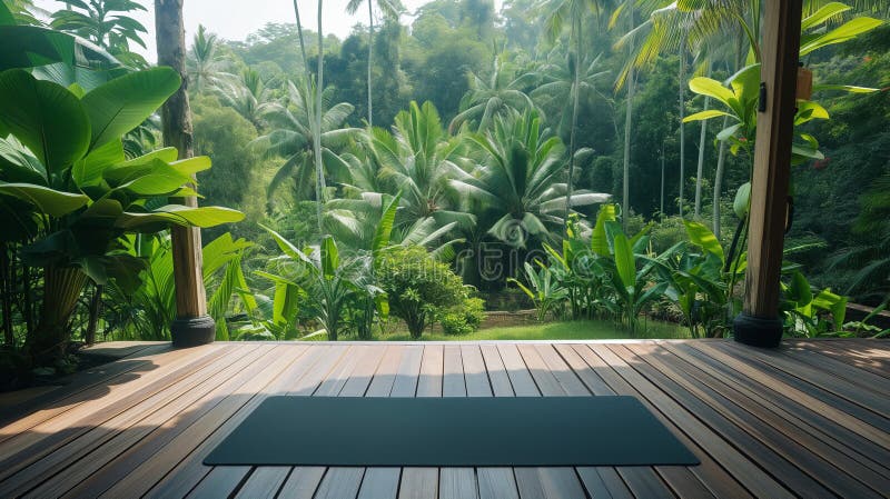 Yoga Mat on Wooden Deck in Front of Tropical Forest Stock Illustration ...